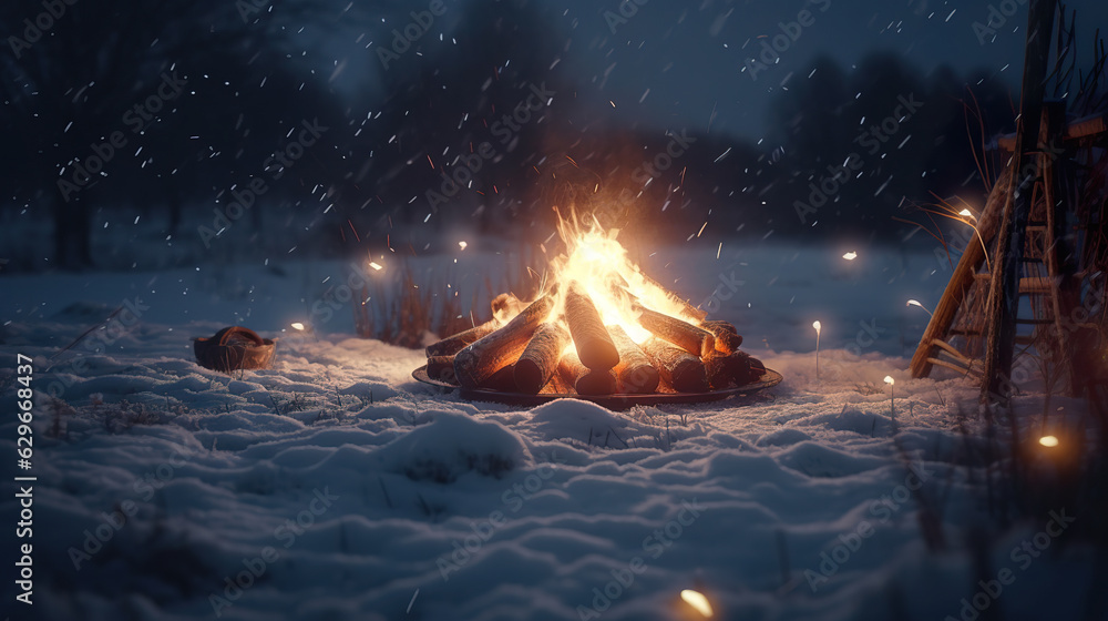 Bonfire in the winter forest at night with falling snow and stars. A ...