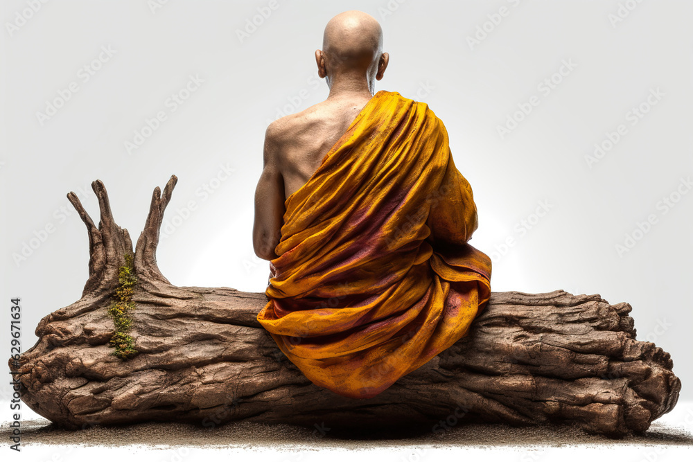 Buddhist monk from the back sitting on a log on white background ...