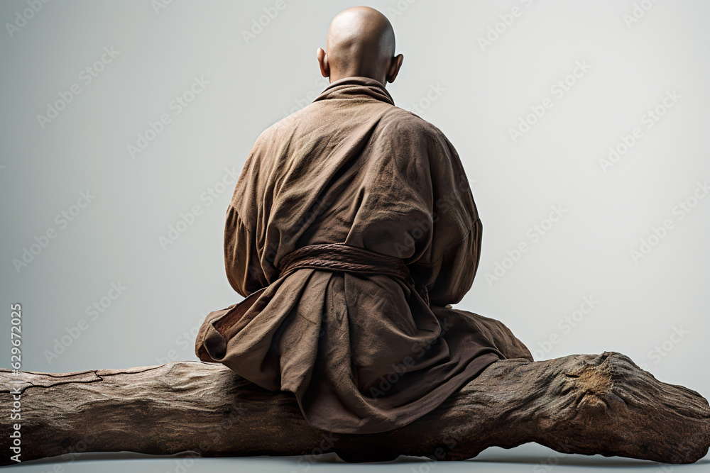 Buddhist monk from the back sitting on a log on white background ...