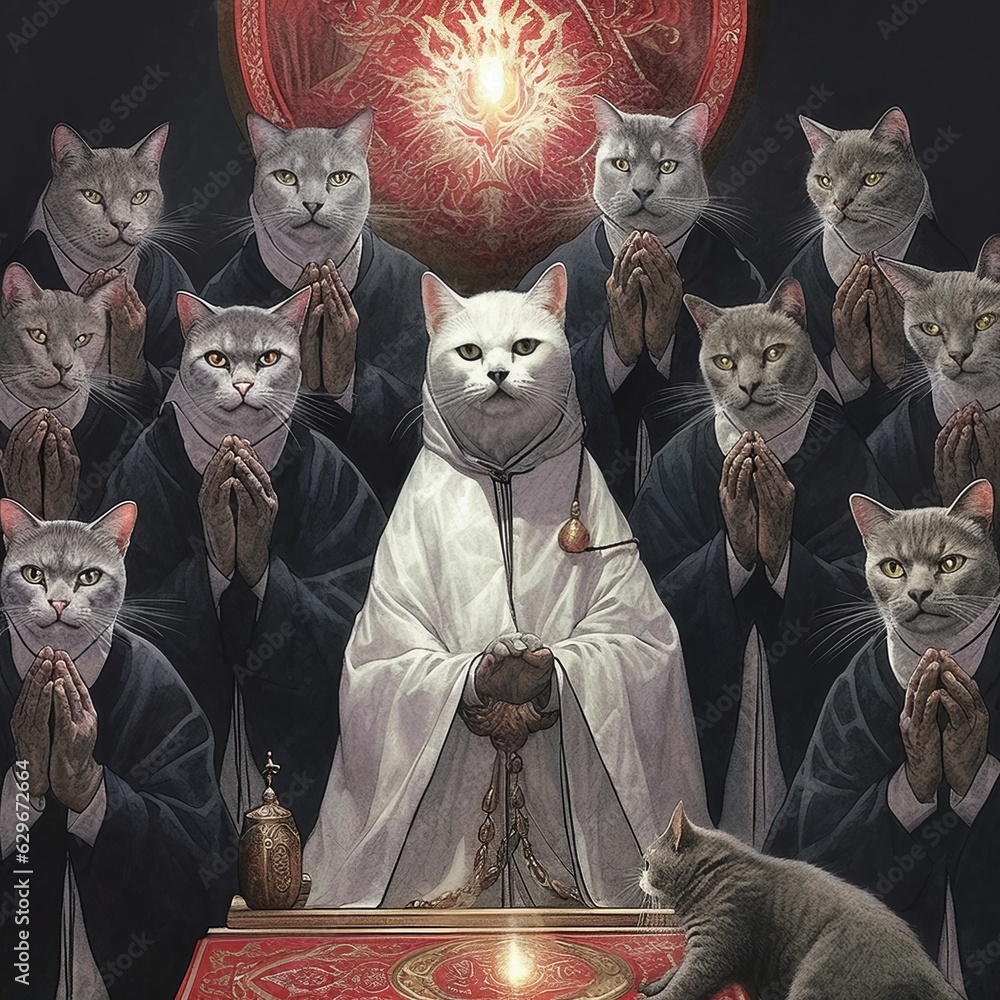 Buddhist cat, animal worship, funny illustration of a cat with folded ...