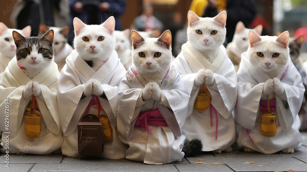 Buddhist cat, animal worship, funny illustration of a cat with folded ...