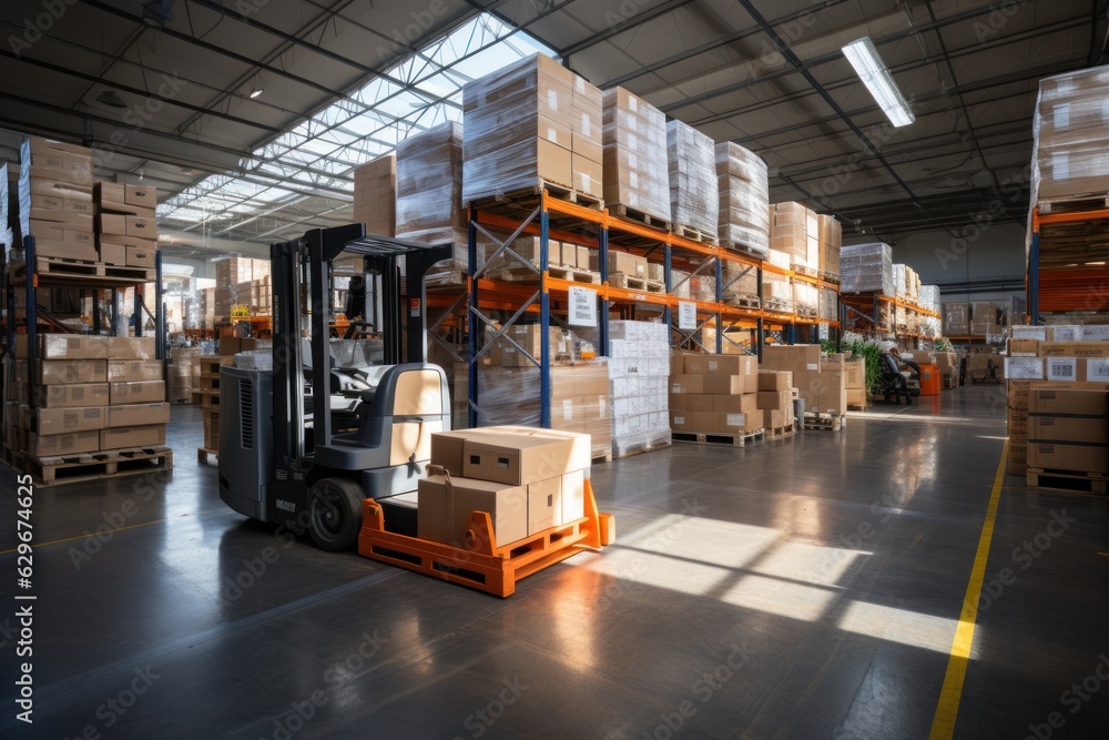 A large retail warehouse filled with shelves with goods stored on ...