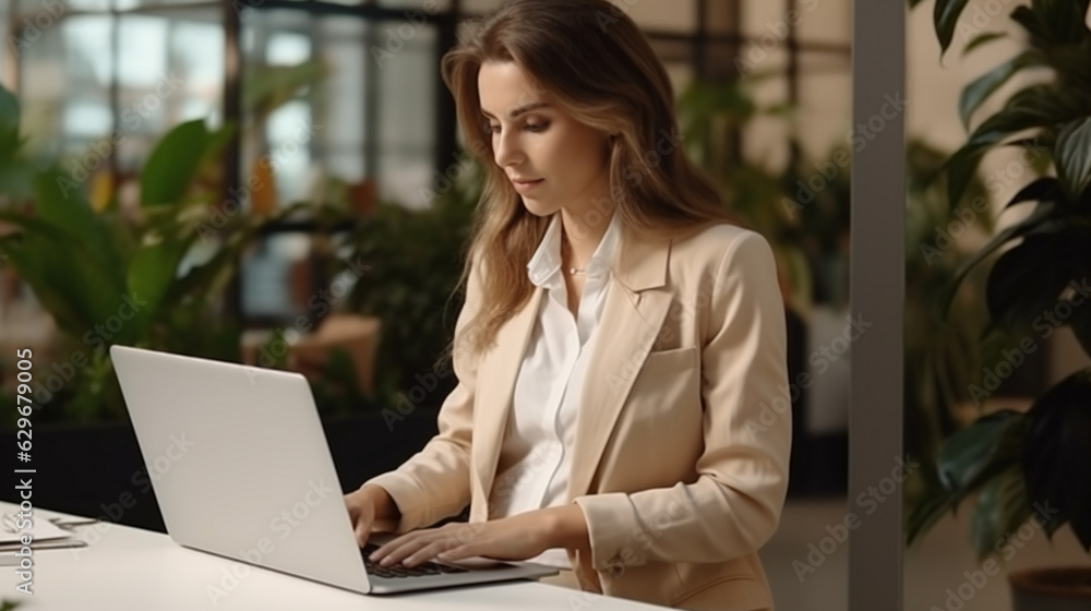 Beautiful young and focused business woman, elegantly dressed and ...