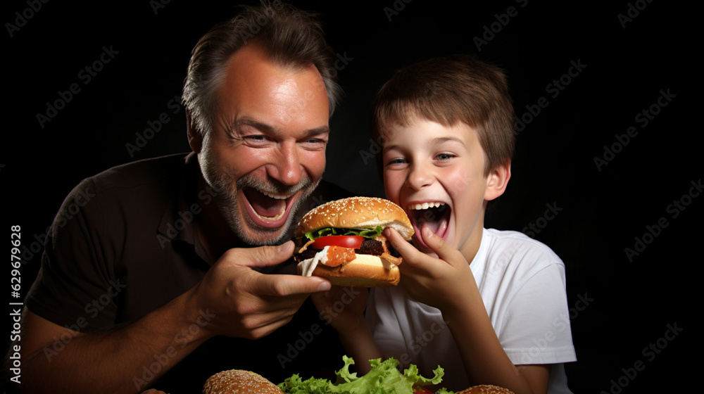 Heartwarming moment of father and son eating hamburgers together Stock ...
