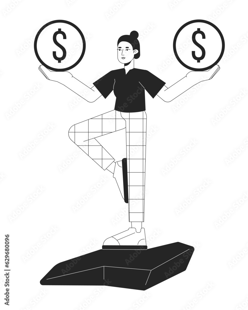 Woman balancing with coins on hands flat line black white vector ...