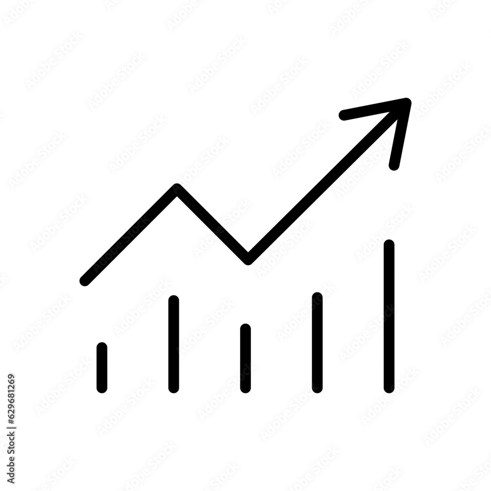 Single black arrow pointing up on chart bars line icon, simple success ...