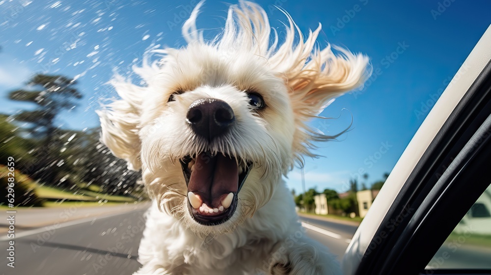 Happy funny dog out of the window of a car, wide angle shot, active ...