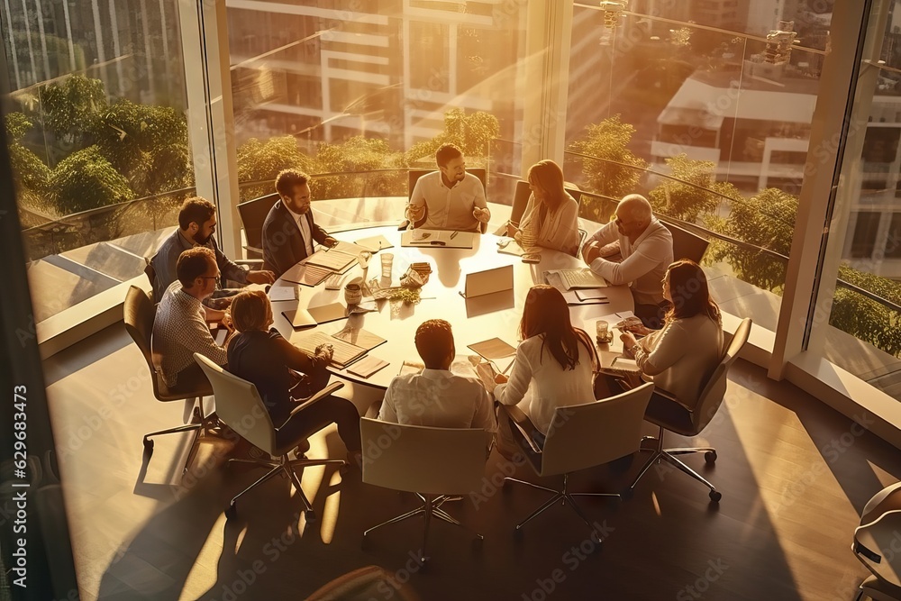 Round table brainstorming at the office, workings reunite to create ...