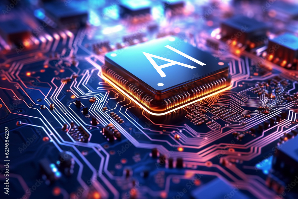 Computer mother board chip with AI text and glowing circuit background ...