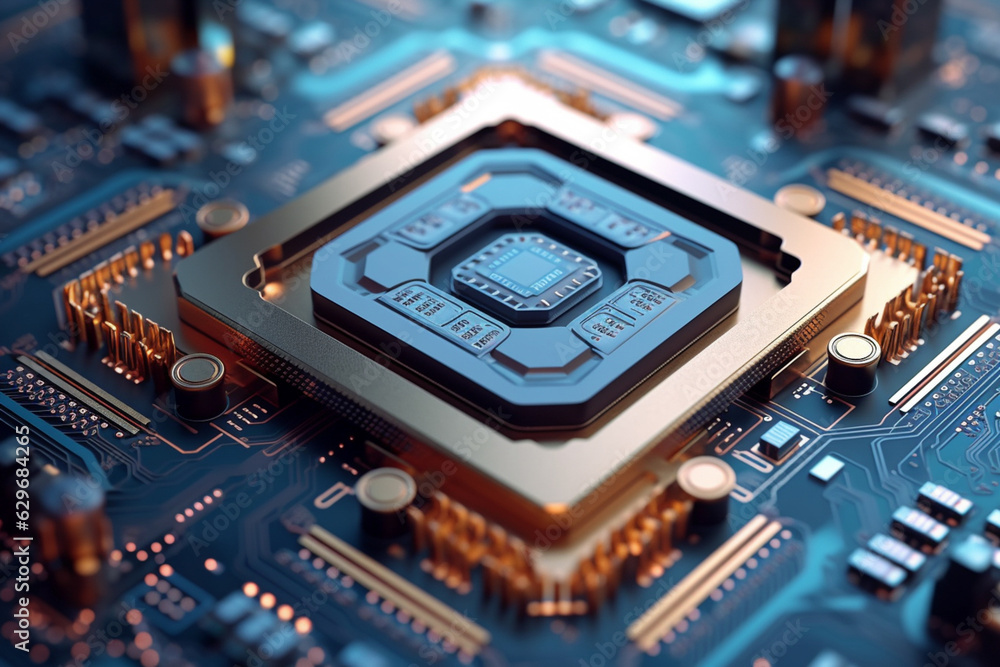 Computer mother board chip with AI text and glowing circuit background ...