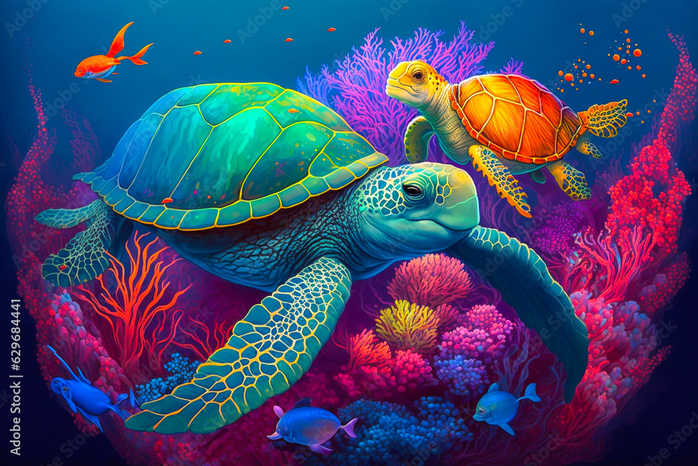 Sea Turtle Fairytale Concept Illustration. A turtle and its companion ...
