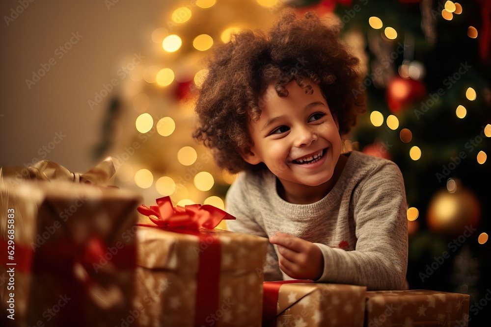 Small cute child holding present gift box with red ribbon,giving ...