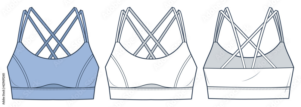 Vetor de Sports Bra technical fashion illustration, blue design. Crop ...