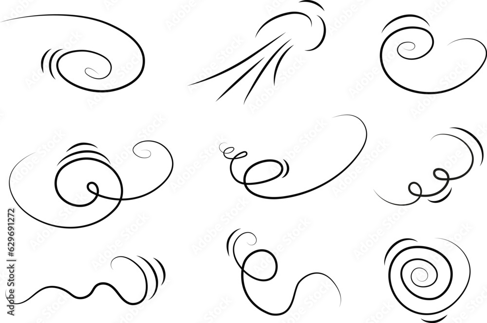 Vetor de Outline drawing of a breath of wind.Wind blow set in line ...