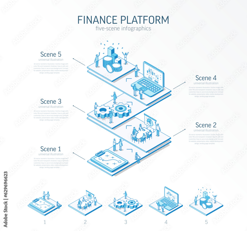 3d line isometric finance platform infographic template. Bank data ...
