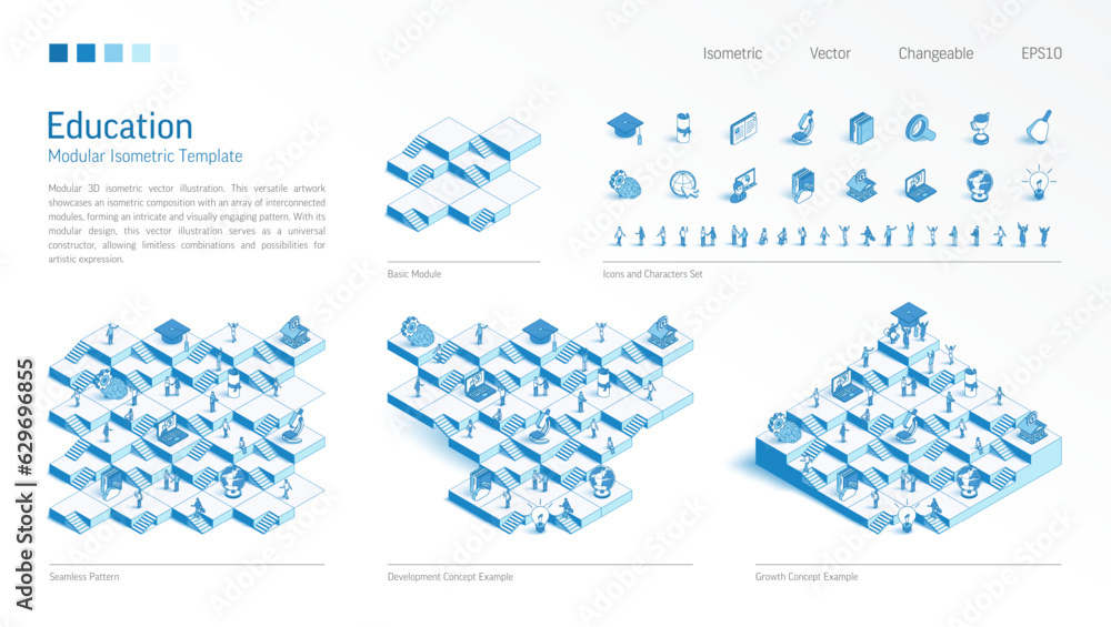 Knowledge, education modular isometric constructor. Seamless pattern ...