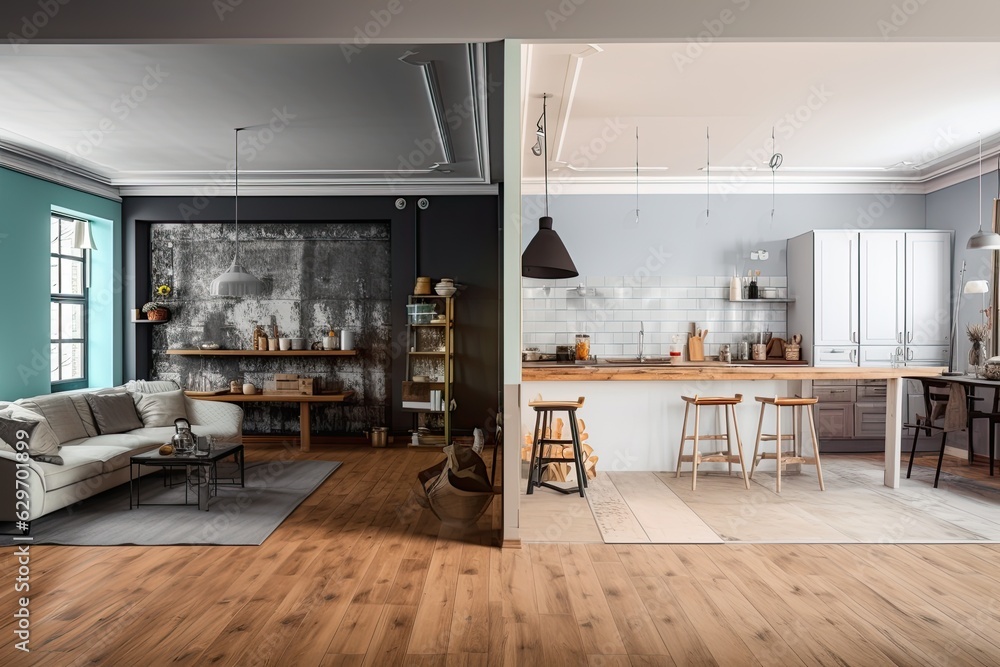 The concept of home renovation, showing the changes in interior design ...