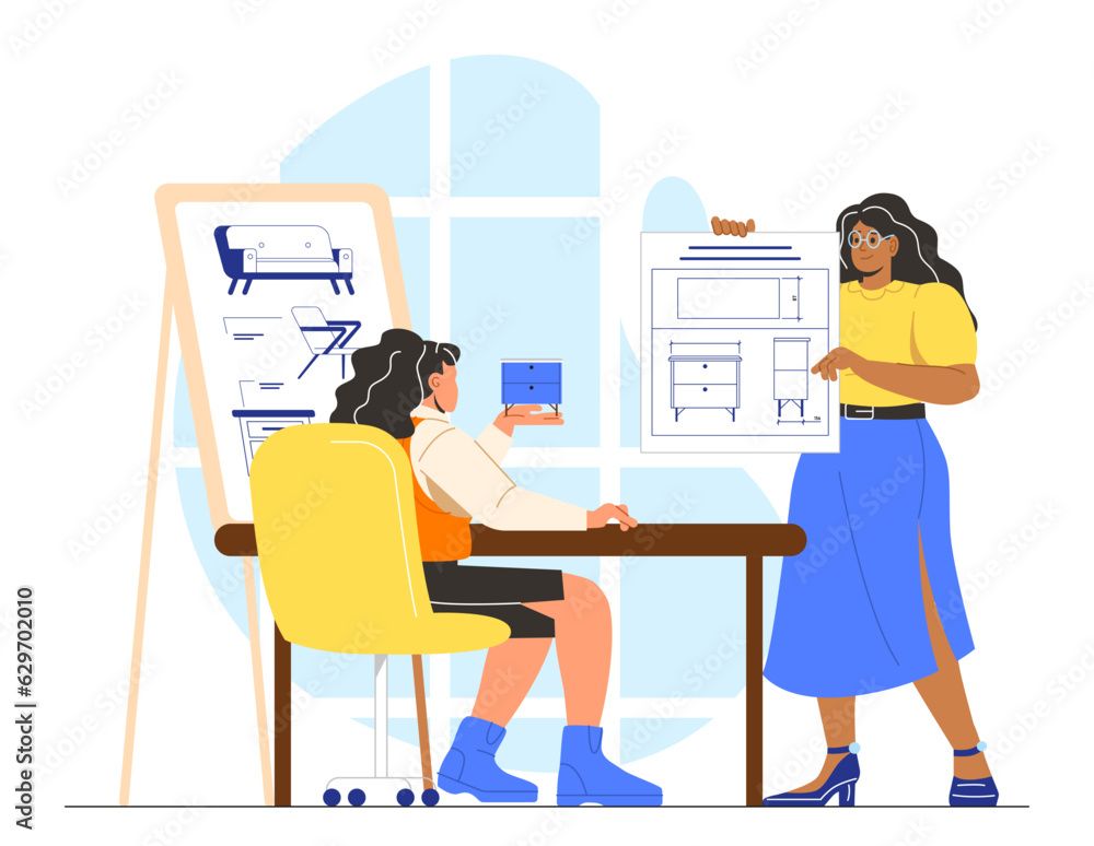 Vetor de Designer make furniture design concept. Women in studio with ...
