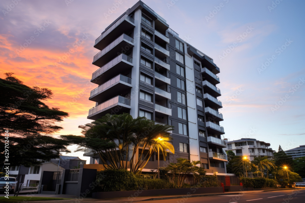 A modern apartment building at dusk. The building is a tall ...