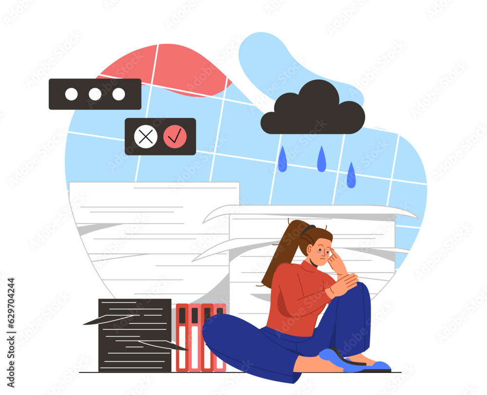 Professional burnout concept. Young girl sitting under cloud with rain ...