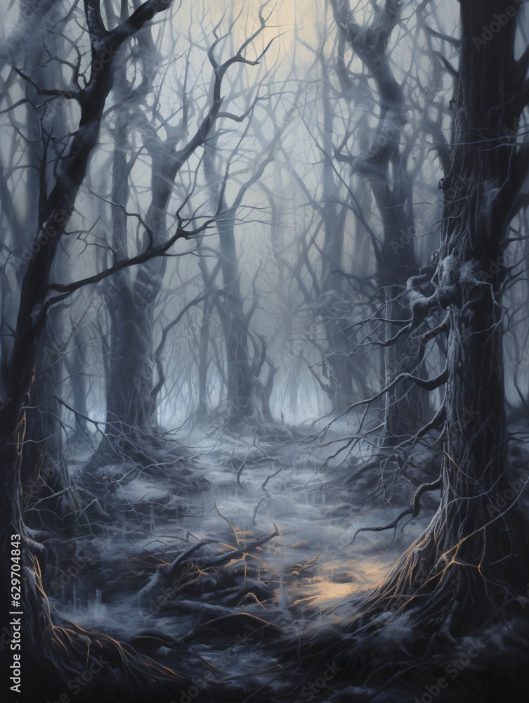 creepy forest in horror style, trees without leaves, fog, created with ...