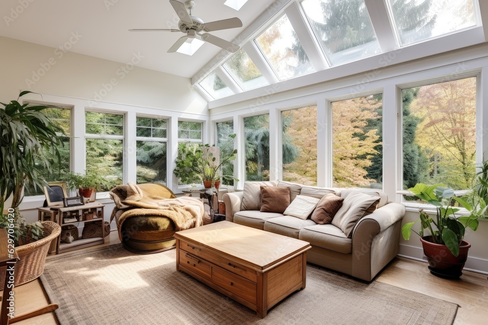 Spacious and airy living room den sunroom, featuring windows on two sides that allow ample ...