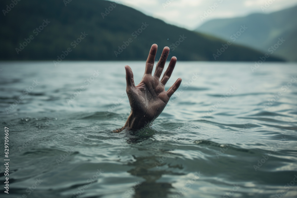 A hand emerging from a lake, reaching up as if trying to grab something ...