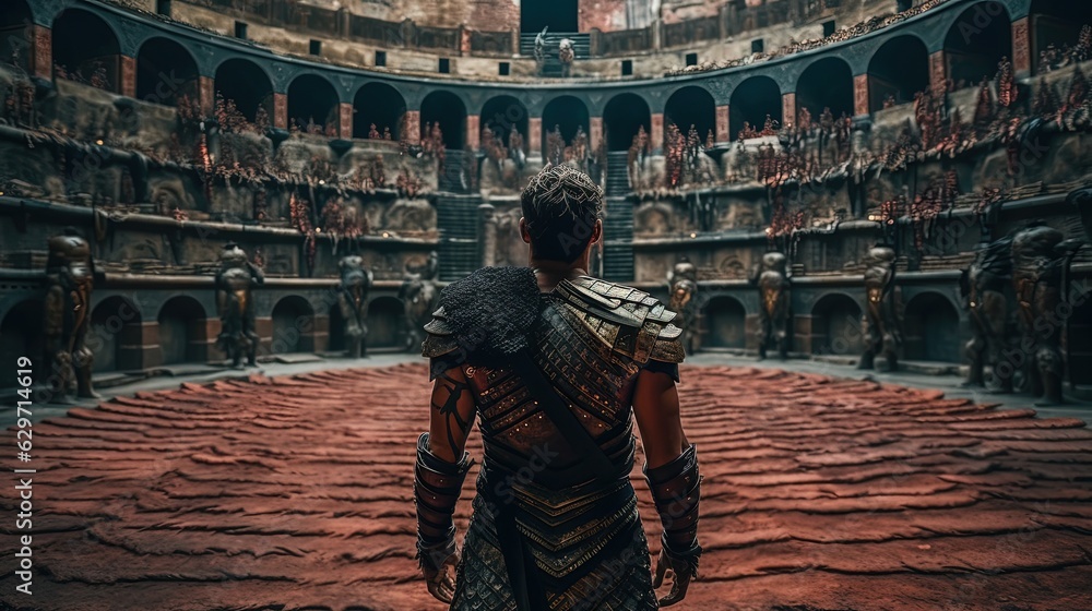Armored gladiator overlooking the ancient amphitheater. Antique ...