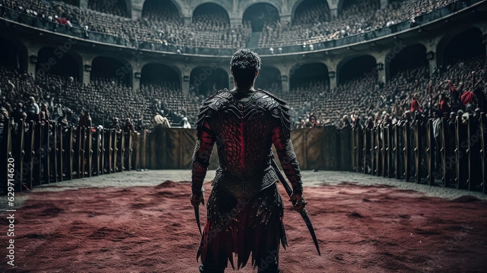 Armored gladiator overlooking the ancient amphitheater. Antique ...