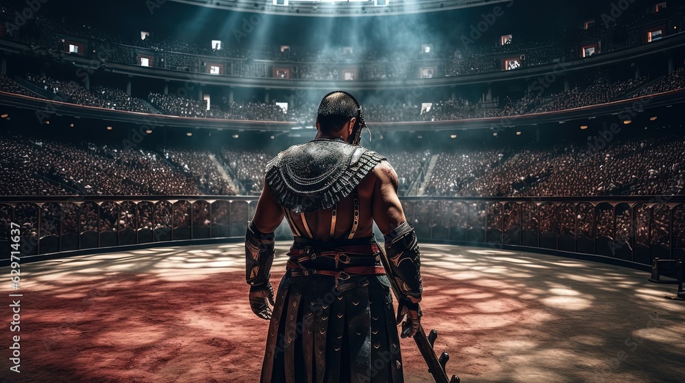 Armored gladiator overlooking the ancient amphitheater. Antique ...