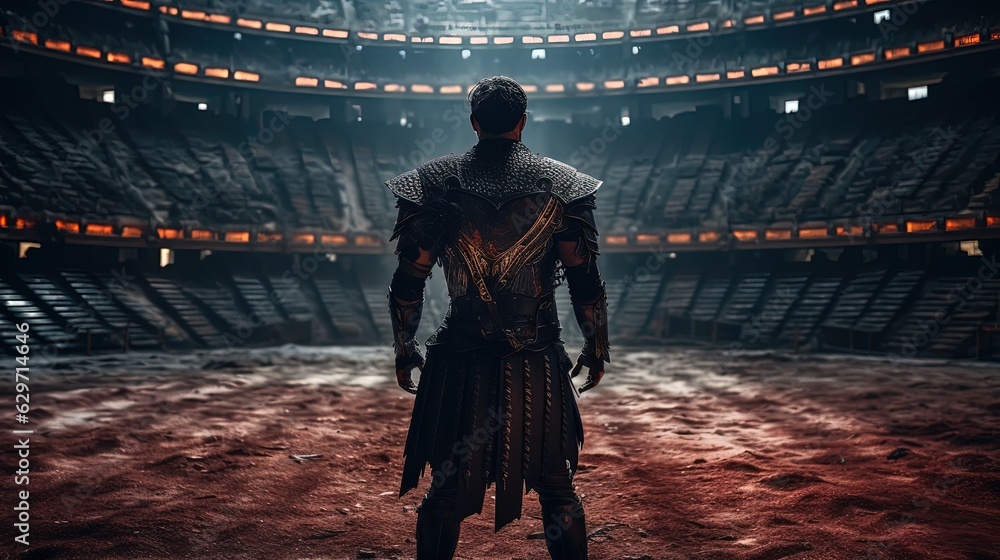 Armored gladiator overlooking the ancient amphitheater. Antique ...