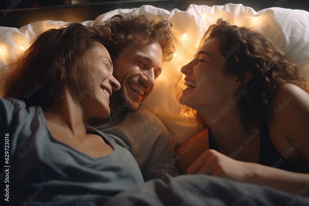 The concept of threesomes. A man and two women in love. Two women and a ...