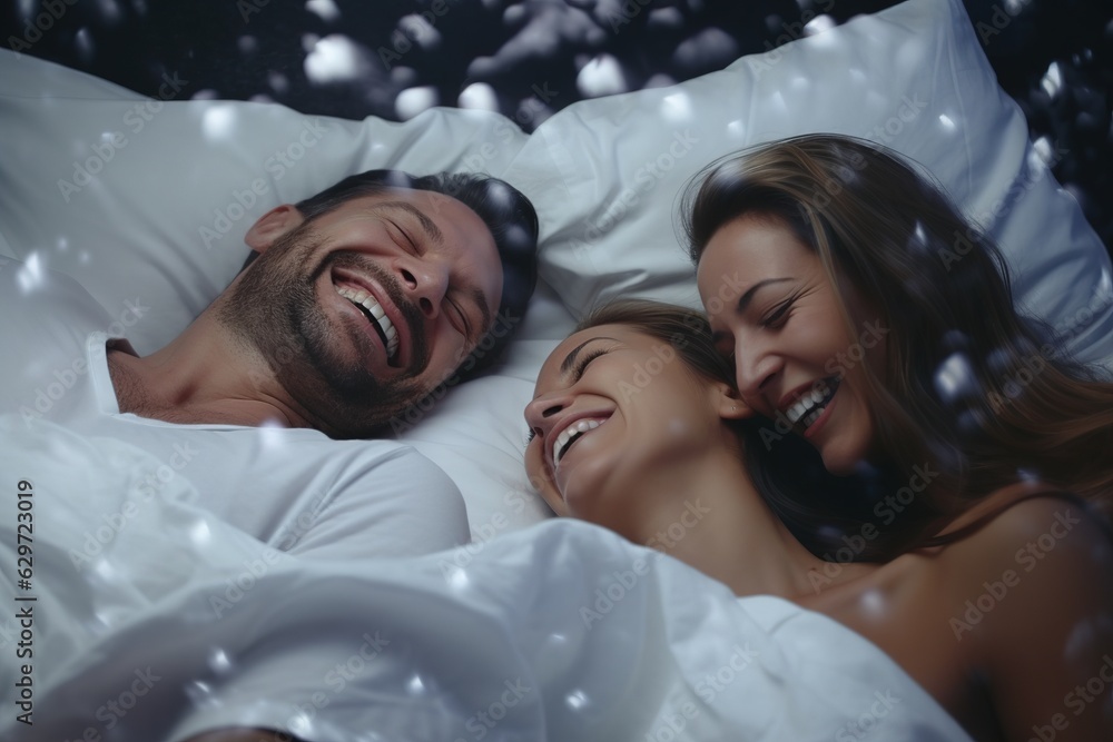 The concept of threesomes. A man and two women in love. Two women and a ...