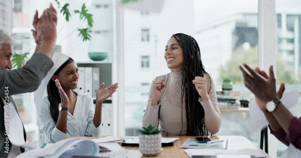 Happy business people, high five and finish with documents and applause ...