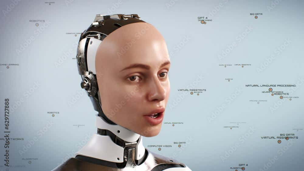 Face portrait of AI female robot. Realistic 3D graphics with computer ...