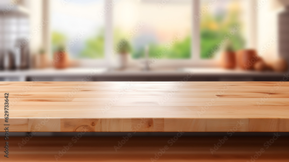 Wooden table on blurred kitchen bench background. Empty wooden table ...