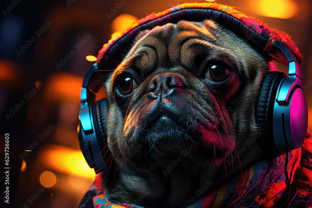 Hyperrealstic photography of a portrait of a stylized cyberpunk pug ...