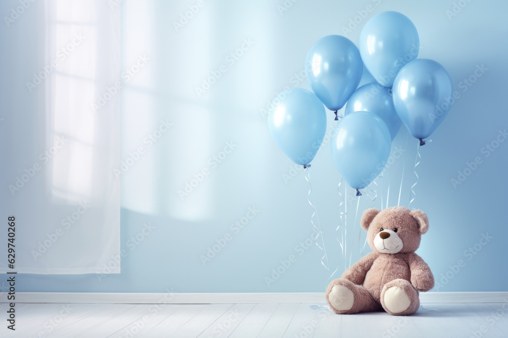 Teddy bear with blue balloons in the bright room Generative AI Stock ...