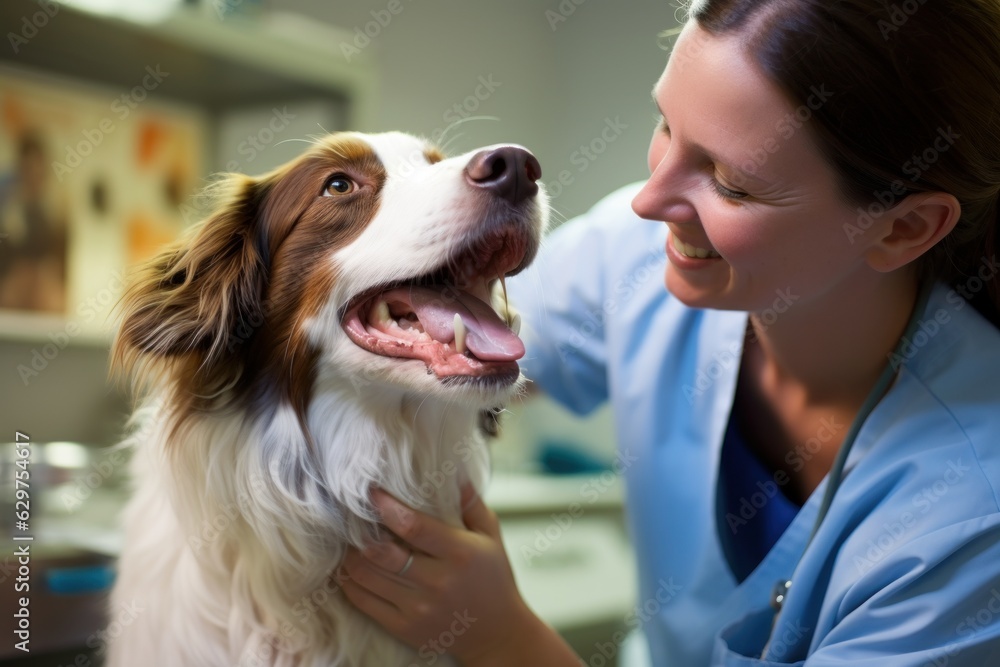 a beautiful female vet nurse doctor examining a cute happy border ...