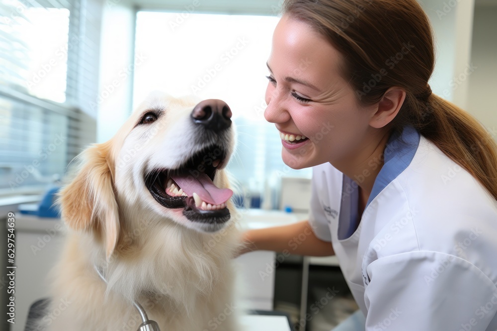 a beautiful female vet nurse doctor examining a cute happy golden ...