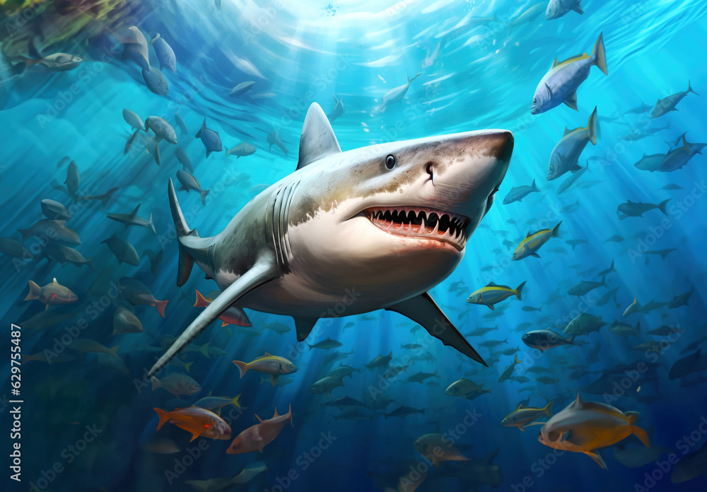 Great White Shark swimming in vivid blue ocean with tropical fish ...