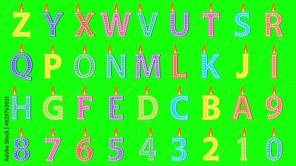 Animated burning candle numbers and letters on green screen background ...