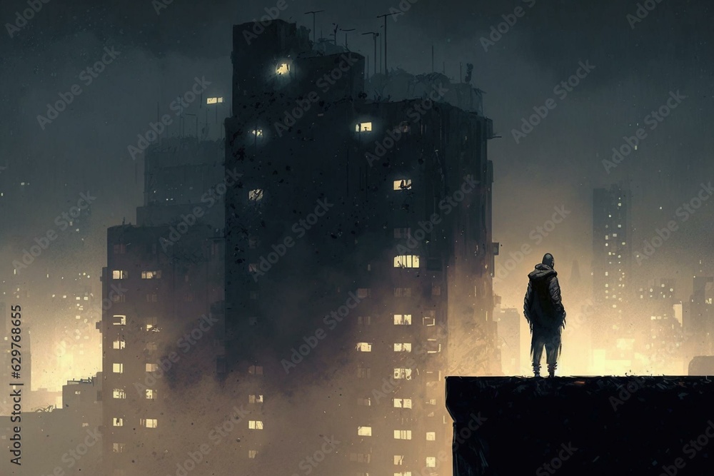 Solitary person on dilapidated high-rise rooftop gazes at city lights ...