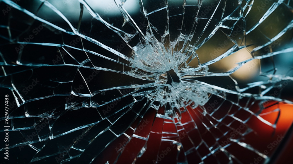 A fragmented glass panel, once clear and pristine, now bears an ...