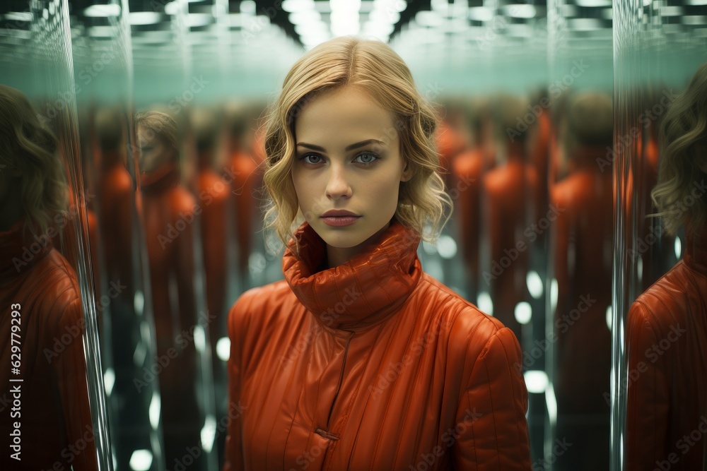 An immersive image of a woman lost in awe, as the reflection maze of an ...