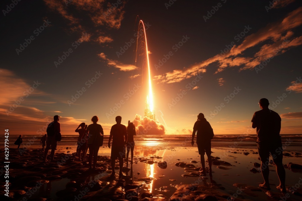 A crowd of spectators stands breathless as a space shuttle roars into ...