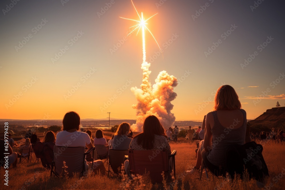 A crowd of spectators stands breathless as a space shuttle roars into ...