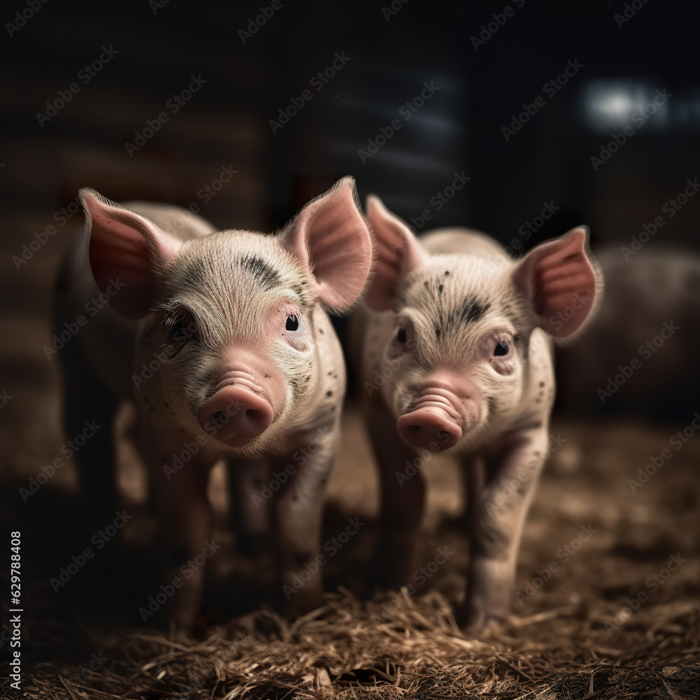 Little pigs on a farm. Lovely pigs outdoors in autumn. Cute little ...