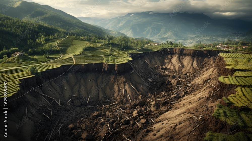 landslide in a mountainous region, illustrating the dangers of soil ...