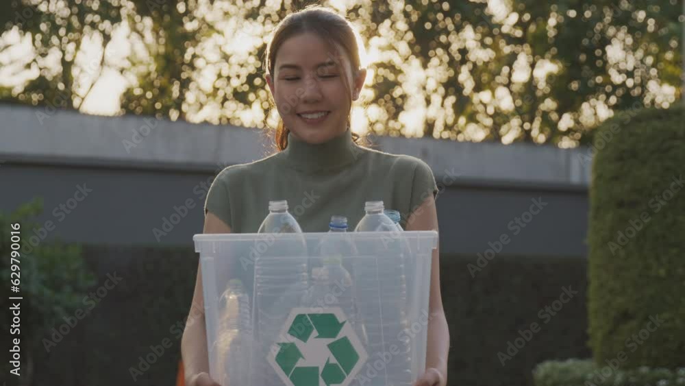 Save the planet reduce CO2 go green people carry bin box at outdoor ...
